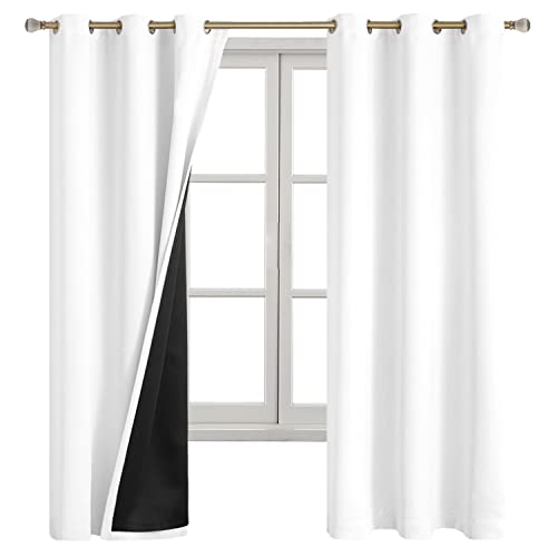 QUEMAS 100% Blackout Curtains for Bedroom 63 inch Length 2 Panels, Full Light Blocking Drapes with Black Liner, Thermal Insulated Grommet Window Curtains for Living Room, Each 42 x 63 Inch, Pure White