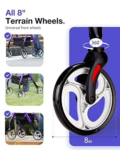 Quicwell Heavy Duty Rollator Walker with Large Paded Seat, Bariatric Rolling Walker with Wide Comfort Backrest for Seniors and Adults, Adjustable Seat, Large 8" Wheels, Support Up 450 lbs, Purple