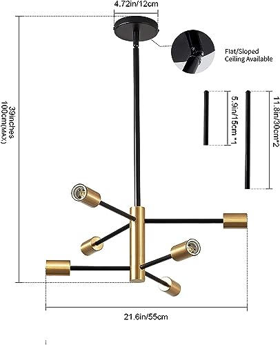 MOUFIER Sputnik Chandelier Black and Gold Ceiling Light Height Adjustable E27 Modern Ceiling Lighting Fixture for Living Room Bedroom Dining Room Kitchen Office (6-Light)