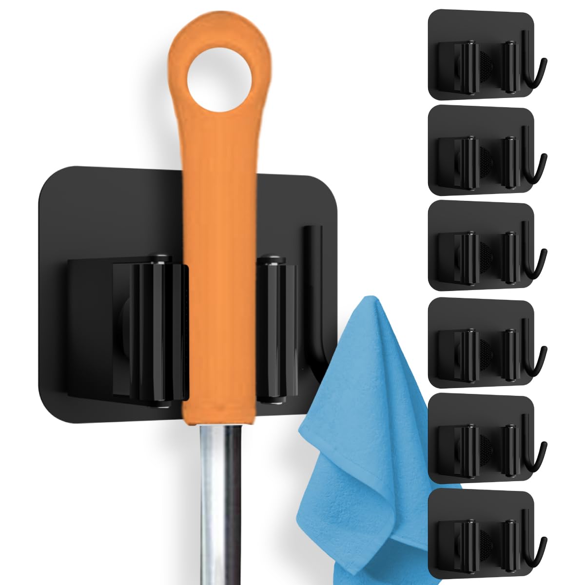 Mop Broom Holder Wall Mounted Heavy Duty No Drill, Adhesive Mop 304 Stainless Steel Mop Hanger Wall Mount Stick on w Hooks for Bathroom Kitchen Closet Garage Garden Organizer with 6 Hooks (Black)