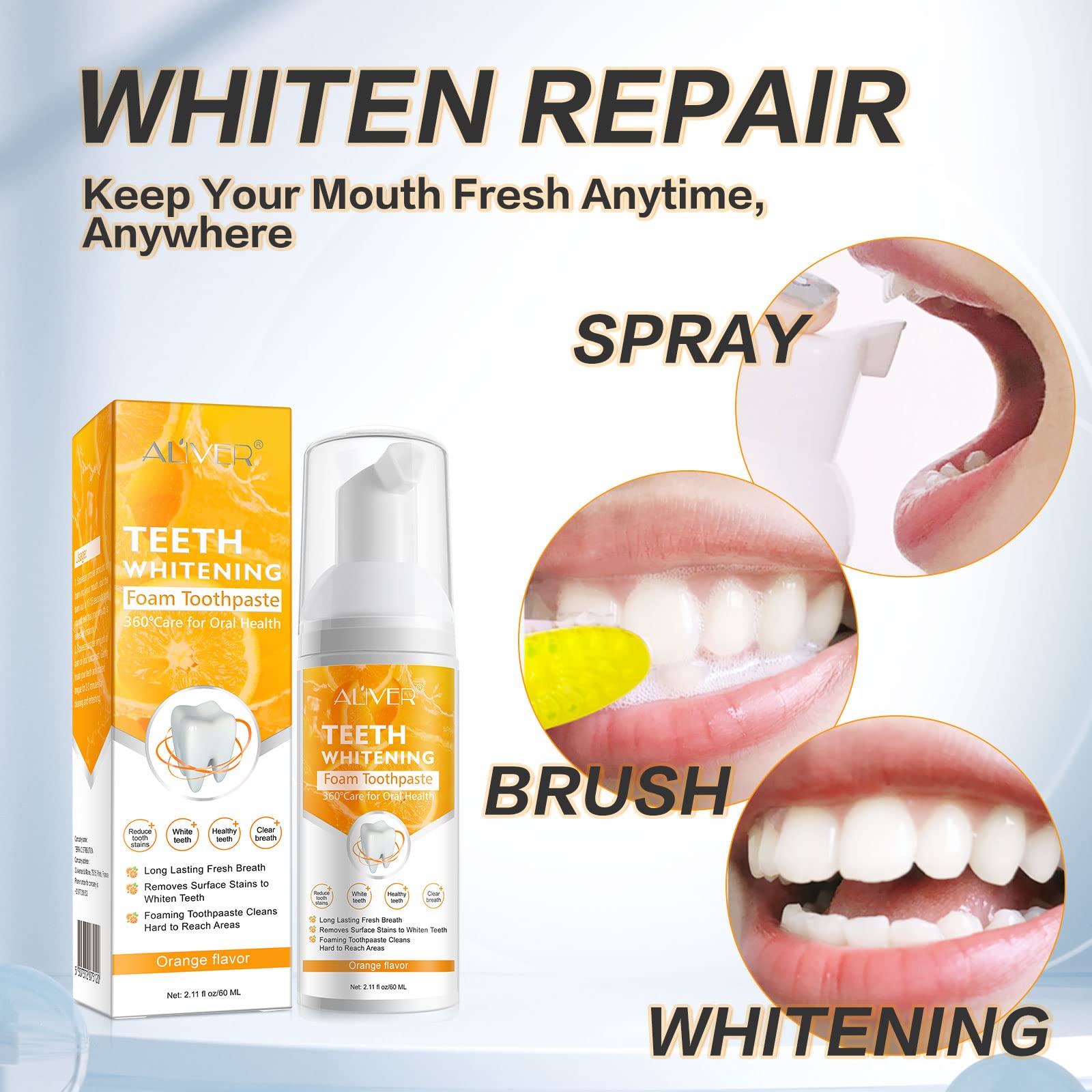 Foaming Toothpaste 2 Pack, Reduce Stains, Whiten Teeth, Prevent Calculus, Freshen Breath, Protects Gums, Oral Care, Press to Foam, Delicate and Smooth Foaming, Fruit Flavor