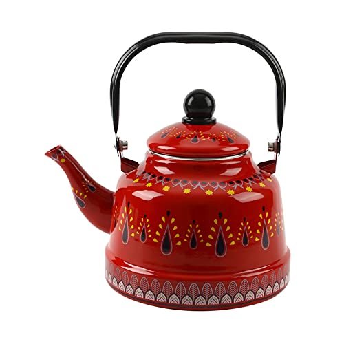 Mozhixue 2.6 Quart Vintage Enamel Tea Kettle, Floral Enamel on Steel Teapot with Cool Touch Porcelain Handle for Stovetop,Red