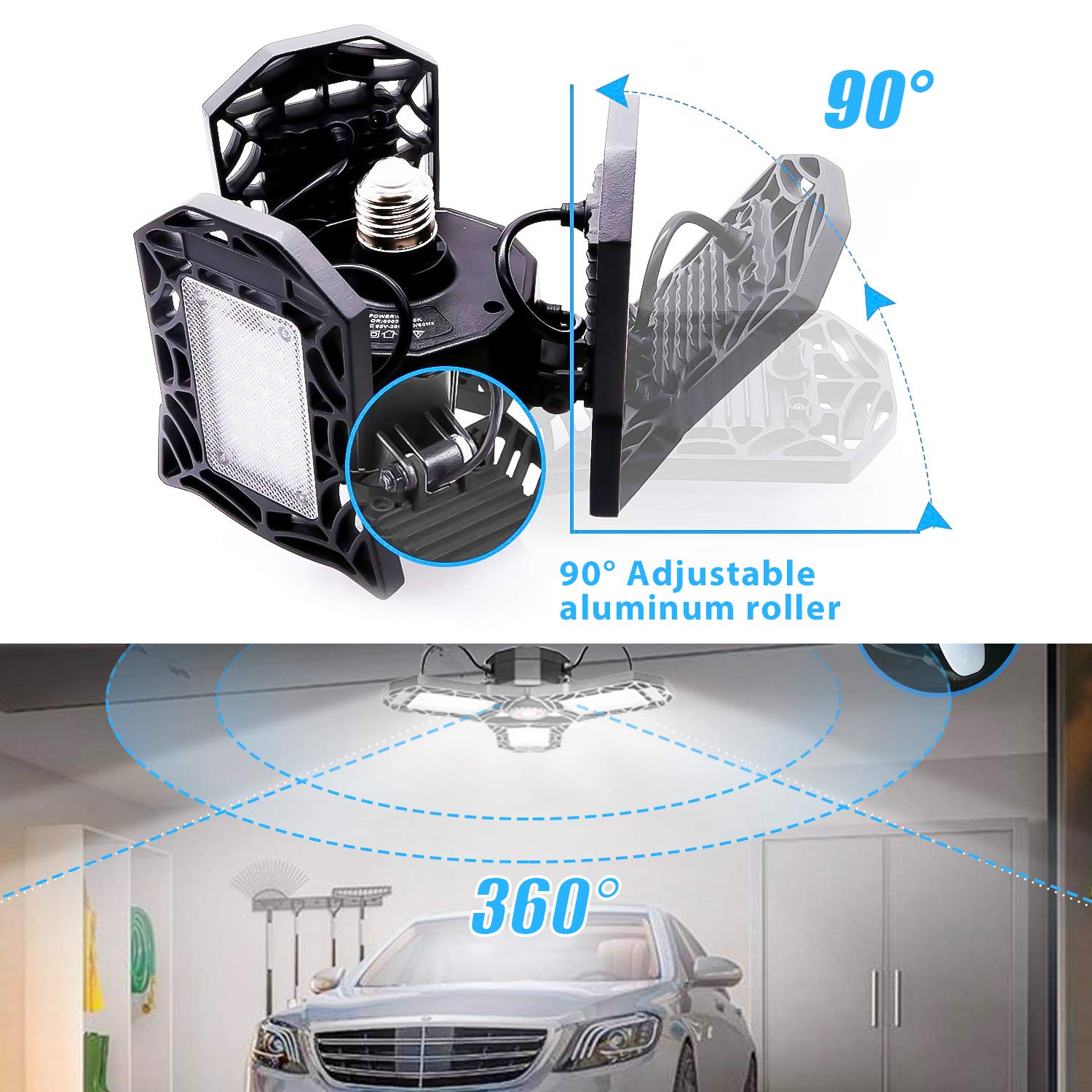 Dudu Cream LED Garage Lights 80W, 8000LM Deformable E26/E27 Garage Ceiling Lighting,CRI 80,6500K,50000H Life Time, 3 Panels Adjustable Aluminum Commercial Lighting for Shop, Warehouse, Barn…