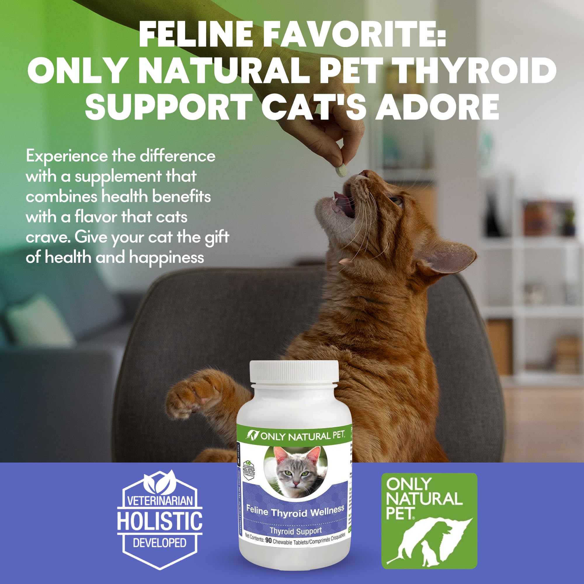 ONLY NATURAL PET Thyroid Support Supplement for Cats - Multivitamin with L-Carnitine & Lemon Balm - Vet Formulated - Helps with Endocrine & Immune Health - Turkey Flavored Chewable - 90 Tablets