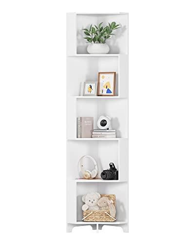 Yusong Bookshelf Corner Shelf Bookcase, Wooden 5-Tier Book Shelves Display Cabinet for Living Room,Bedroom,Bathroom, White