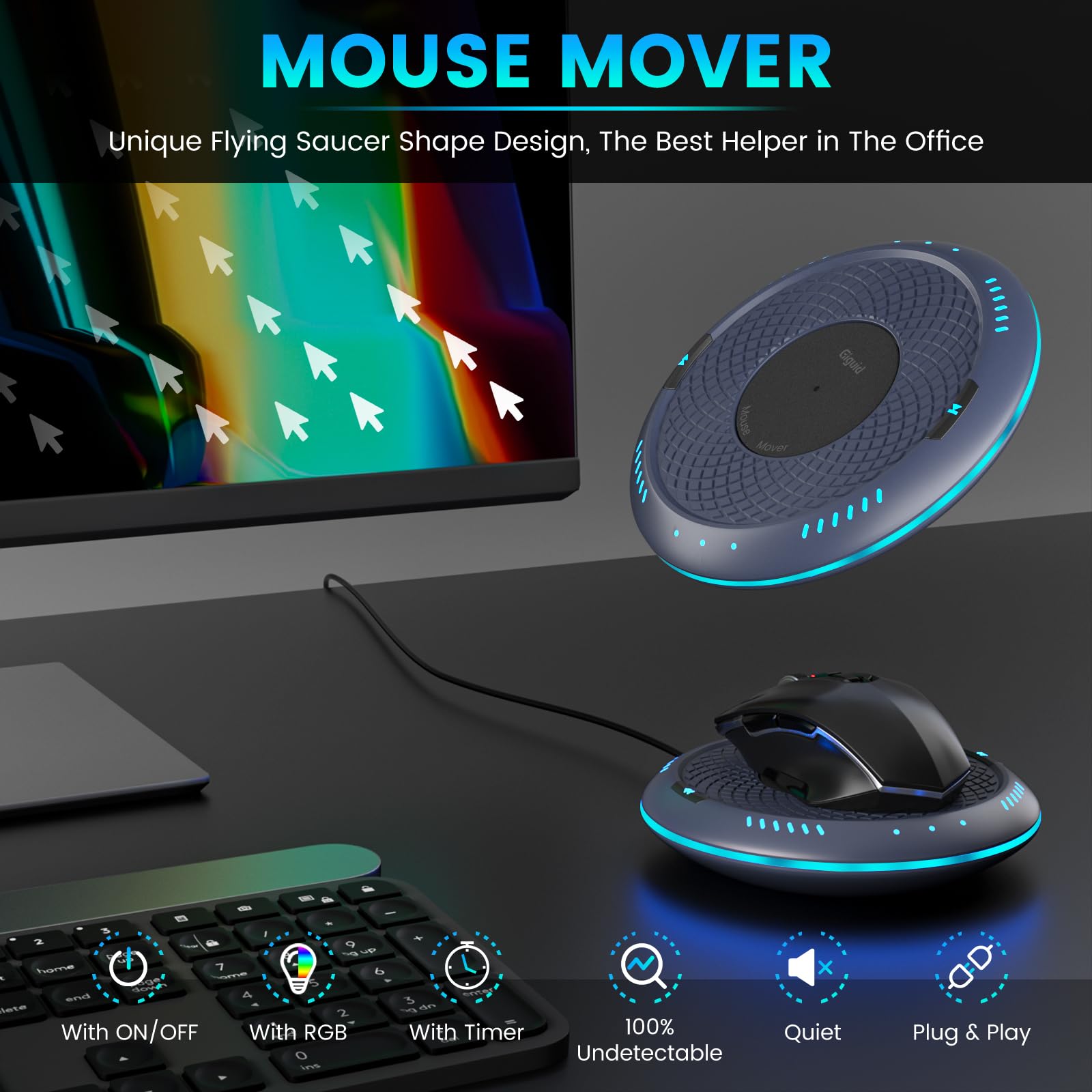 Giguid Mouse Mover Undetectable Mouse Jiggler with Timer, ON/Off Switch, Color Switchable LED Lights, Random Move Mechanical Turntable Pad - FLYMICE Series (Standard, Dark-Blue)