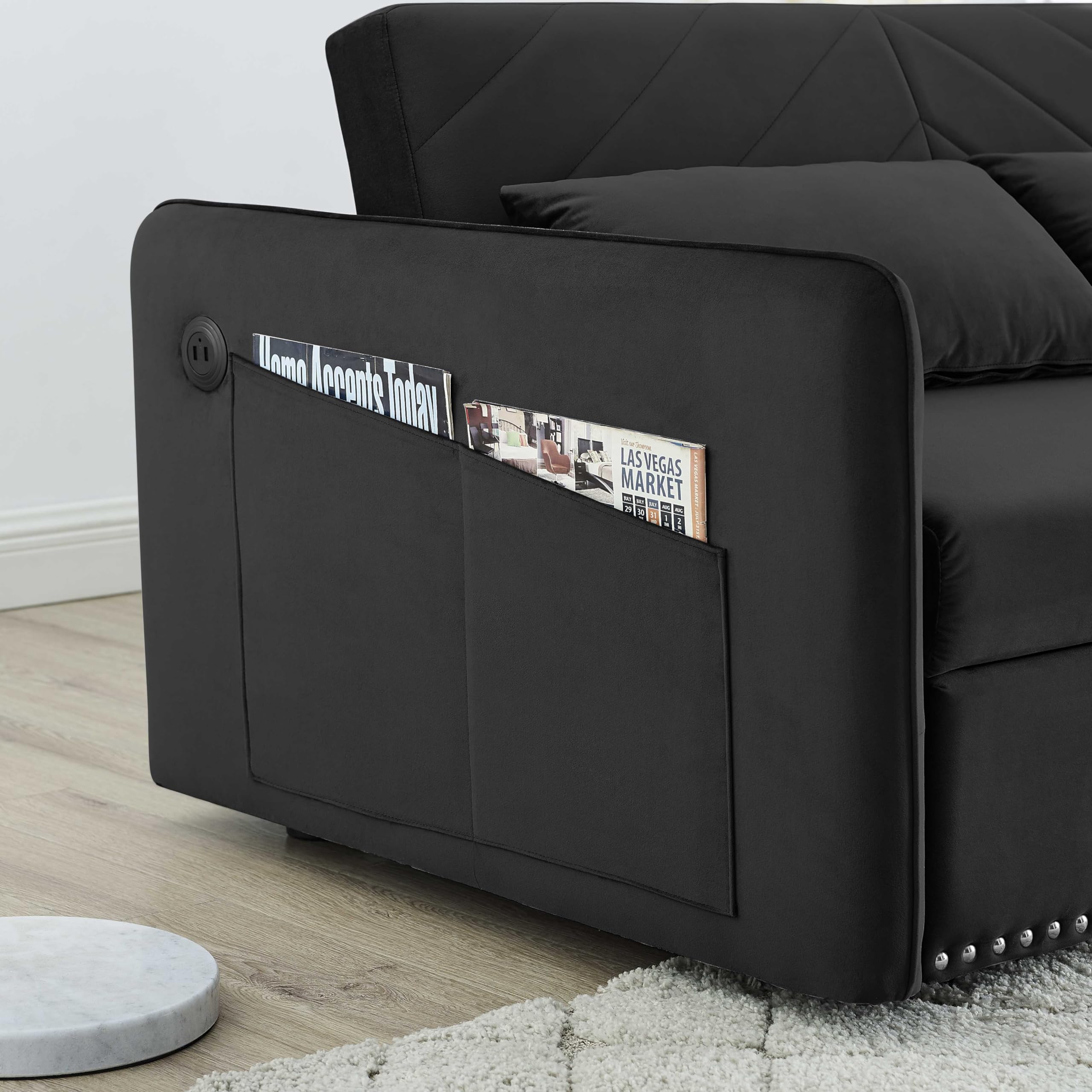 Mofolit Convertible Modern Sleeper Sofa Bed w/USB Port, 3-in-1 Adjustable Sleeper Sofa Couch w/Pull-Out Bed, Pillows & Side Pocket, Velvet for Living Room,Apartment,Small Space 55.5“(Black)