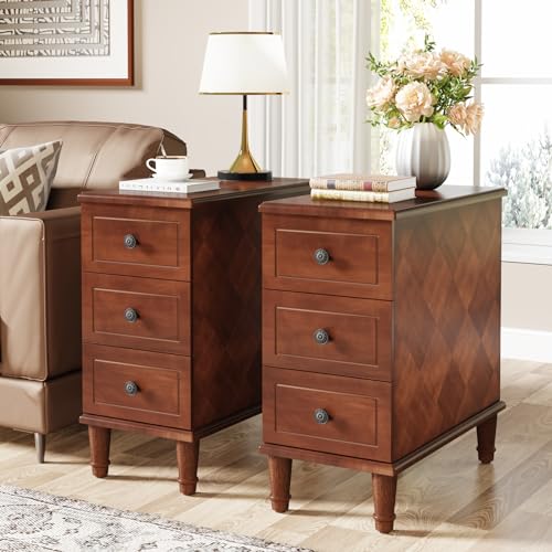 LITTLE TREE Fully Assembled End Table, Narrow Side Table with 3 Drawers, Pre-Assembled Nightstand Slim Bedside Table for Small Spaces, Living Room, Bedroom, Brown