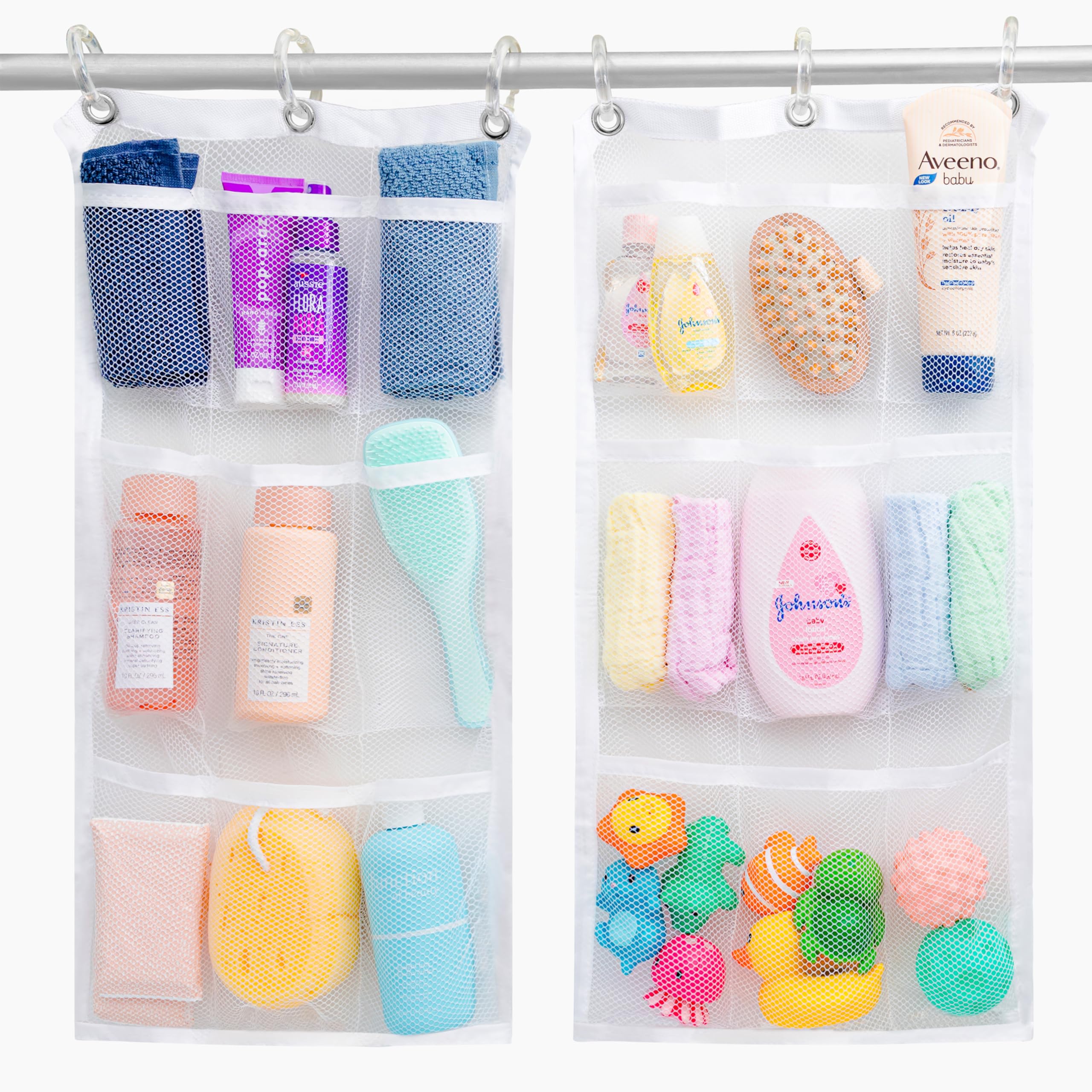 Handy Laundry Hanging Shower Organizer (2-Pack) - 9-Pocket - Mesh Caddy with Deep Storage Pockets for Organizing Bathroom Toiletries and Kids Bath Toys - Hang on Existing Shower Curtain Rings