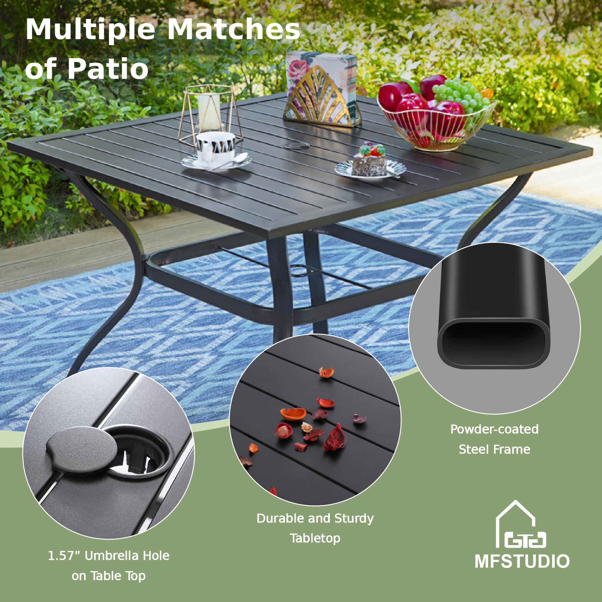 MFSTUDIO 6 Pieces Patio Umbrella Dining Sets with 4 Swivel Chairs, 1 Square Table and 1 x 9 Ft Beige Umbrella (Base Not Included), All Weather Heavy Duty Black Frame, Outdoor Furniture for 4
