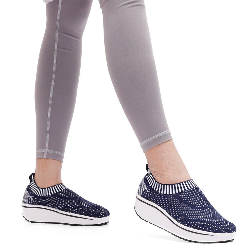 DADAWEN Women's Slip On Breathable Walking Shoes Comfort Fitness Wedge Platform Sneakers Navy US Size 7.5