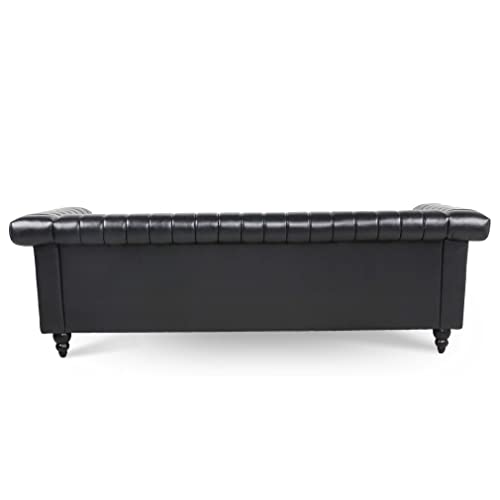 NITYASUNDARA Large Couch,Chesterfield Sofa, 3 Seater Sofa for Living Room,Square handrail Vertical Stripe Sofa Couch,Faux Leather Couch. (Black Sofa)