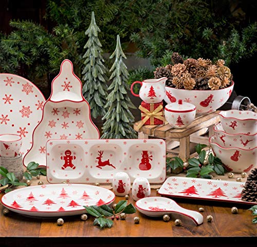 Euro Ceramica Winterfest Collection Festive 16.1" Ceramic 3 Part Divided Appetizer Tray, Hand-Stamped Holiday Design, Red & White