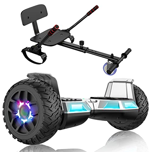 UNI-SUN Hoverboard with Seat Attachment Combo, 8.5" Hoverboard with Seat, Self Balancing Scooter with Bluetooth Speaker & LED Lights, Hoverboards for Kids & Adults, Silver