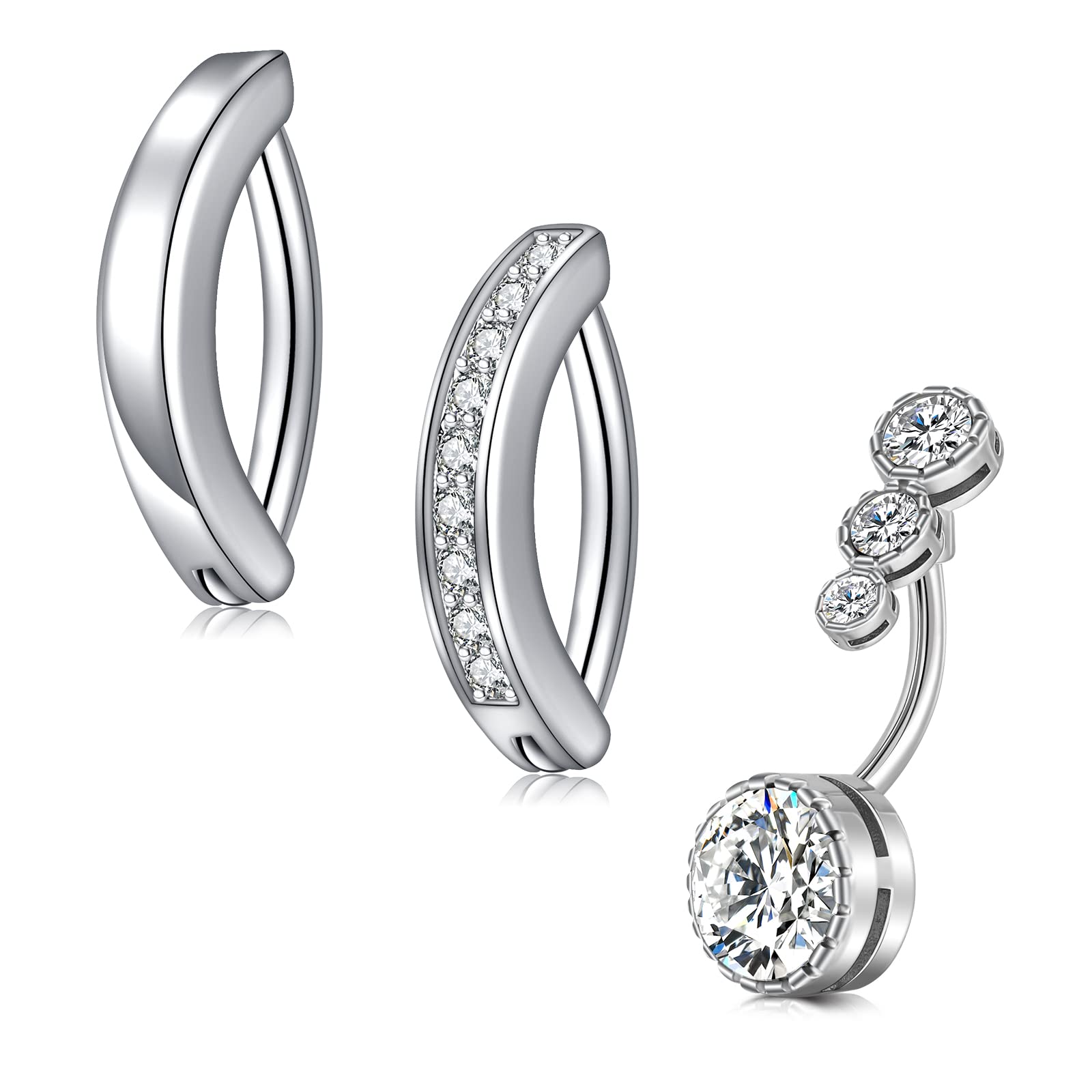 JFORYOU Silver Clicker Belly Button Rings Surgical Steel 14G Belly Navel Rings Triple CZ Top Design