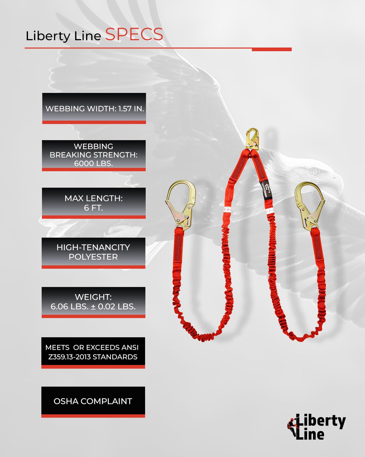 Liberty Line Eagle Twin Leg 100% tie-Off Internal Design Shock Absorbing Lanyard with snap Hook and rebar Hooks (ANSI)