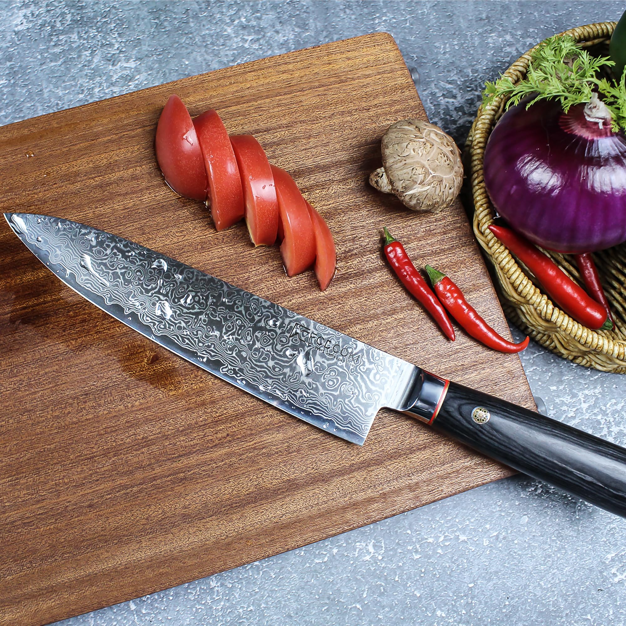 FODCOKI Damascus Kitchen Knife 8 inch- Japanese Chef Knife Damascus Steel VG10 Blade Razor Sharp Professional Meat Vegetable Cutting Knife- Wooden Handle