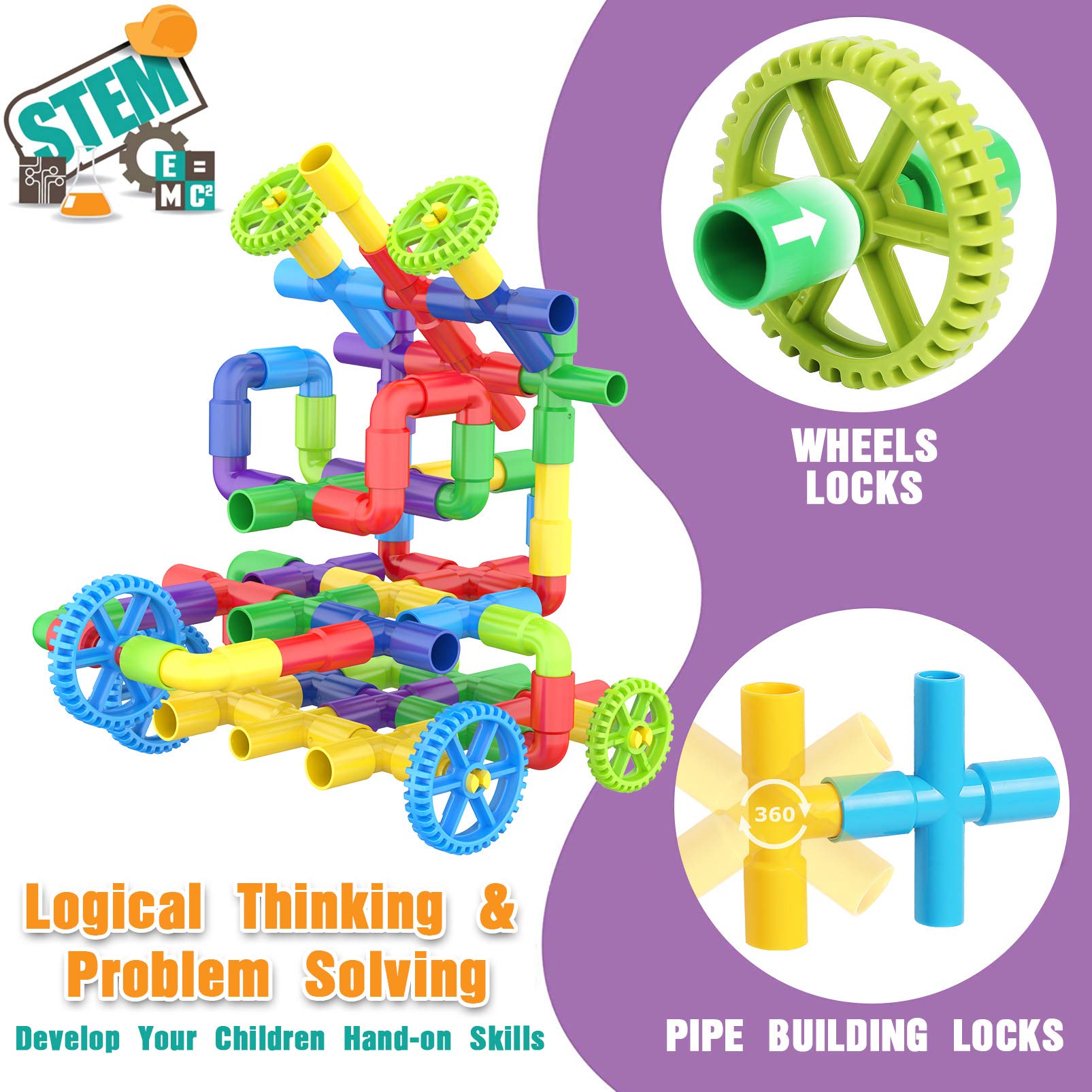 WishaLife 250 Pieces STEM Building Blocks Set, Kids Tube Locks Construction Set with Storage Box, Preschool Educational Learning Pipe Toy Gift for Toddler Aged 3+