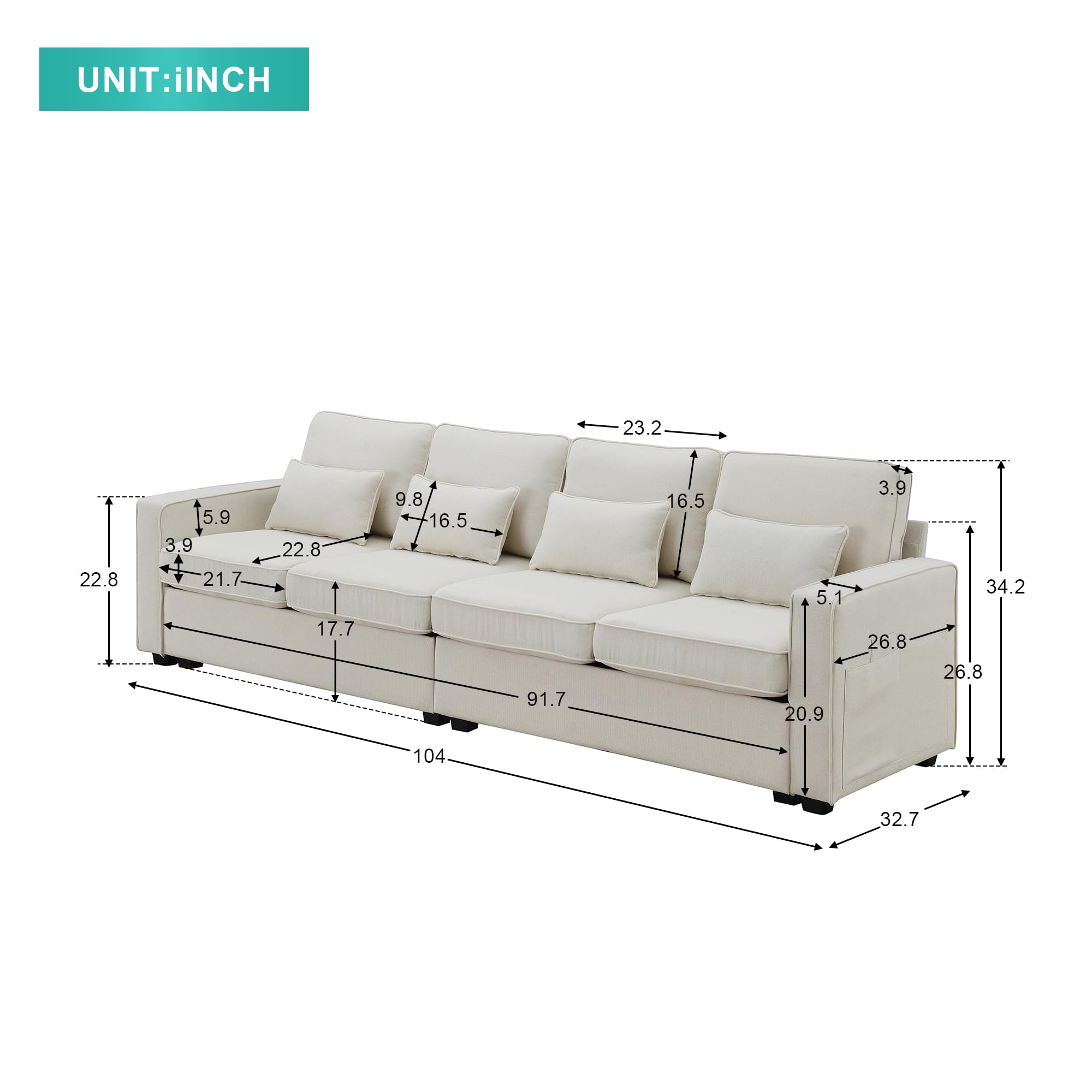 JHACOKO 4-Seater Modern Linen Fabric Sofa with Armrest Pockets and 4 Pillows, Minimalist Style Couch for Living Room, Apartment, Office, Beige