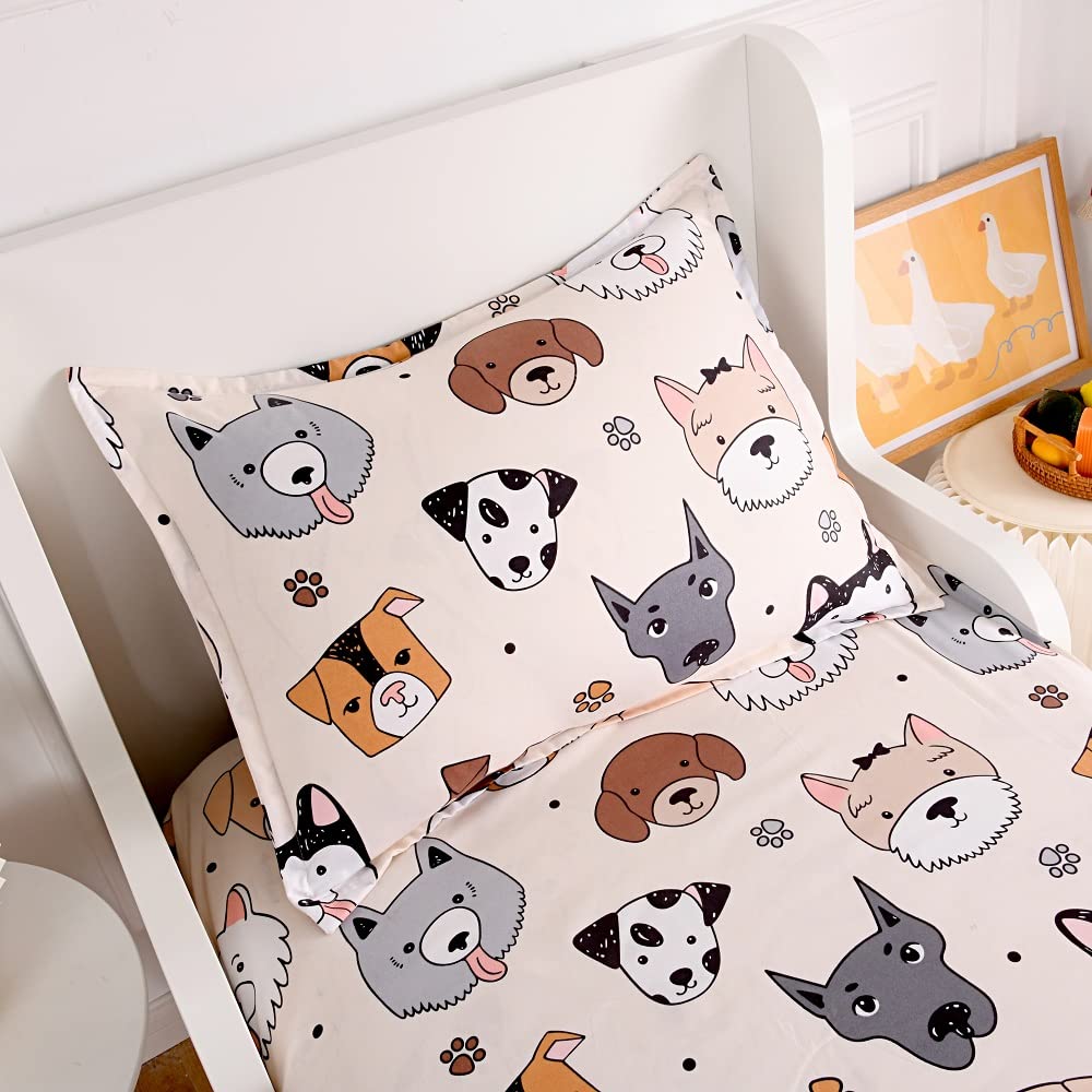 KWLOVER 2PCS Soft Bed Fitted Sheet and Pillowcase Set for Single Bed,Doggy Printed Puppy Pattern Design Sheets for Kids Teens Twin Size Bed
