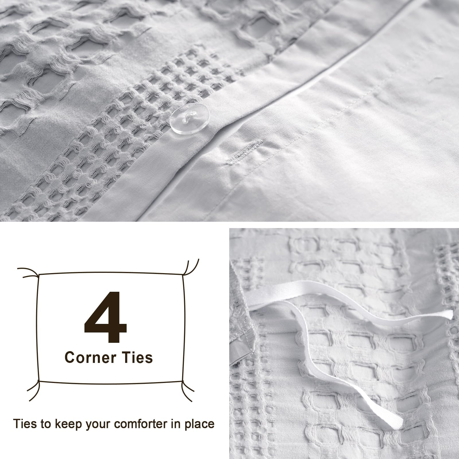 PHF 100% Cotton Waffle Duvet Cover Queen Size, 3 Pieces Soft Breathable Duvet Cover Set for All Season, Pre-Washed Decorative Textured Comforter Cover with 2 Pillow Shams, 90"x92", Light Grey