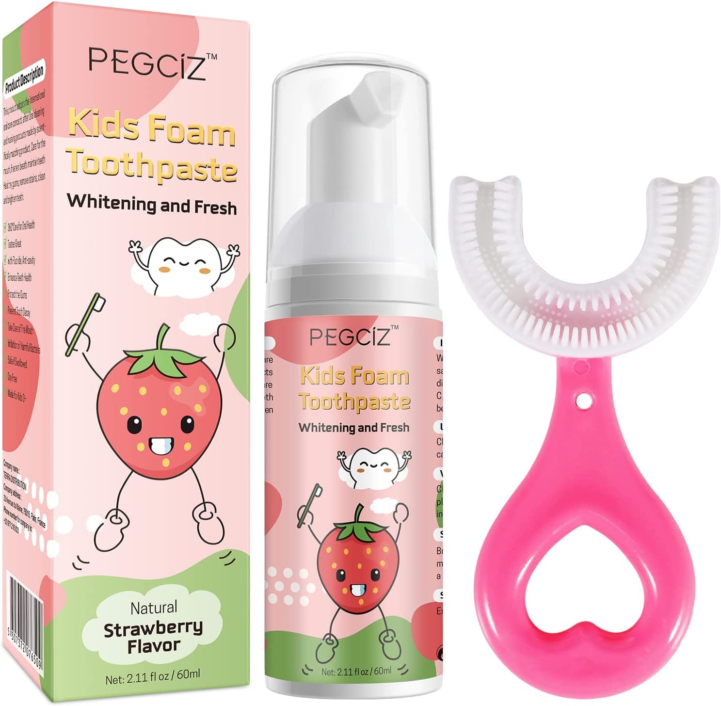 Foam Toothpaste Kids with Low Fluoride & U-Shaped Toothbrush Combo Pack,Manual Toothbrush with Food Grade Soft Silicone Head,360° Oral Teeth Clean Design Ages 2-6,Strawberry Flavor
