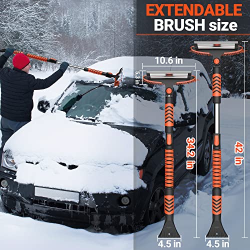 VOLTASK Extendable Snow Brush and Ice Scraper with Squeegee, Extendable Aluminum Handle, Pivoting Brush Head, Ergonomic Foam Grip, 3 in 1 Snow Removal Tool for Car, Truck, SUV