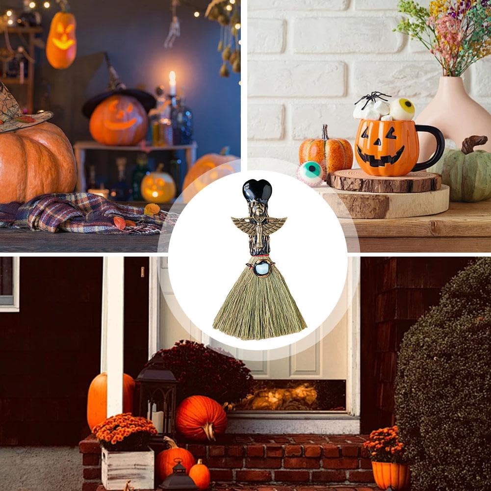 JHIALG Witch Broom Crystal Witch Wiccan Altar Broom, Halloween Hanging Props Cosplay Broomstick, Handmade Reiki Broomstick for Cleansing Healing Fengshui