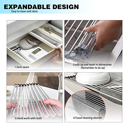 Zeanoch Dish Drying Rack Over The Sink Sink Drying Rack, Adjustable Length, Rolled Up ,Foldable,Saves Space, Fits Most Sinks, Stainless Steel Mat ,Also Great to Use with Kitchen Sink Mats (Black)