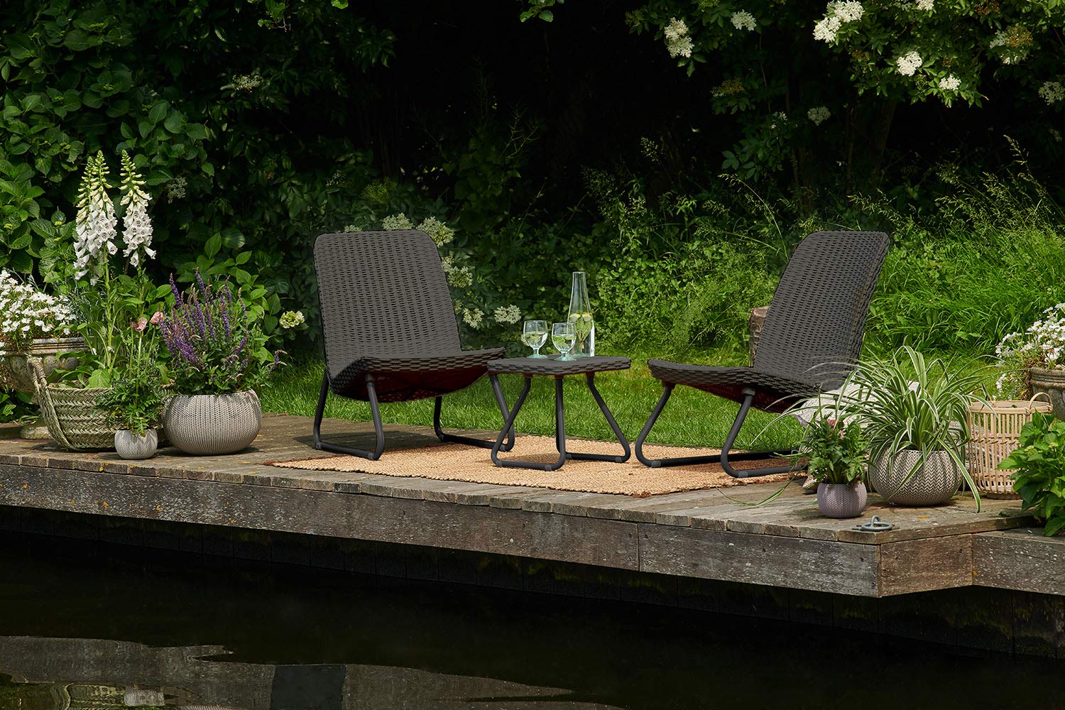 Keter Rio 3 Piece Resin Wicker Patio Furniture Set with Side Table and Outdoor Chairs, Brown