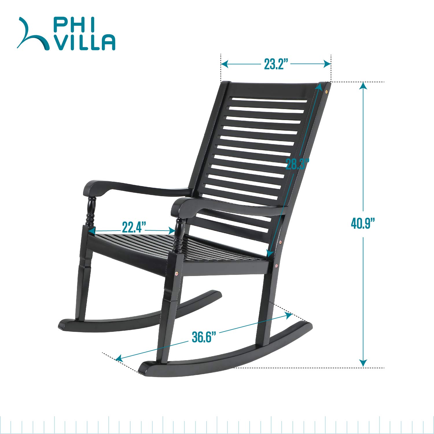 PHI VILLA Outdoor Rocking Chairs Set of 2, Acacia Wood Rocker Chairs for Patio, Deck, Balcony or Porch, 30° Safe Recline Support 350lbs - Black