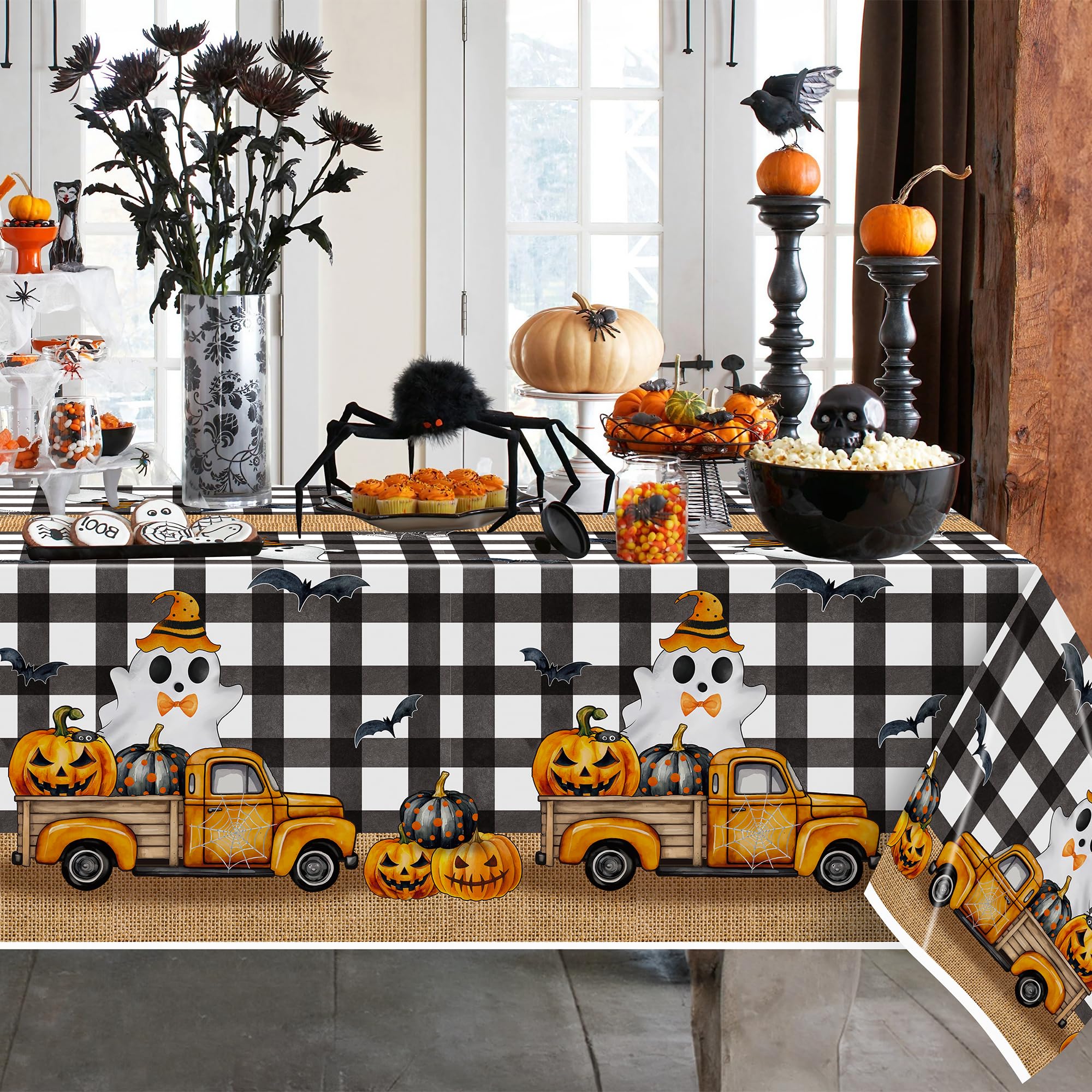 Haooryx 3 Packs Halloween Party Little Boo Tablecloth Decoration Set, Cute Ghost Bat Pumpkin Disposable Plastic Tablecloth, Cartoon Plaid Table Cover for Halloween Table Decor Party Supplies