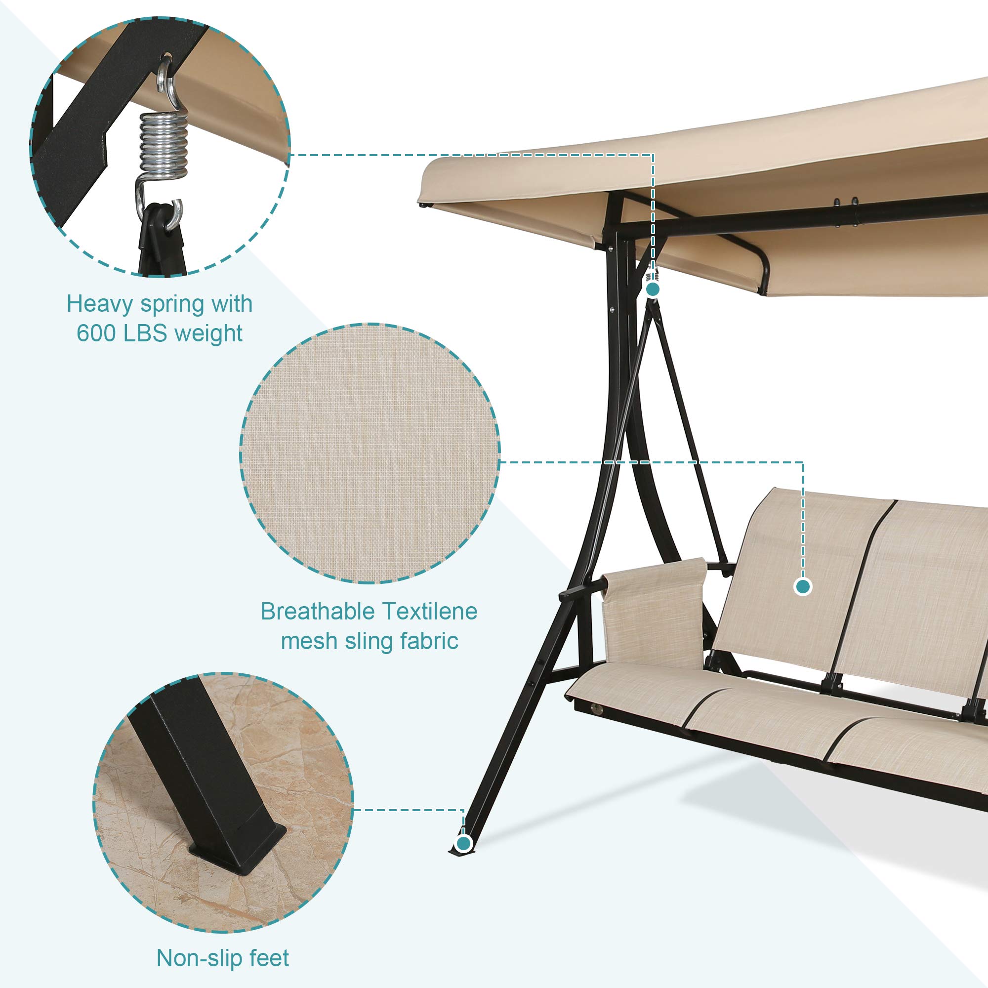 Patio 3-Seat Textilene Porch Swing, Outdoor Swing Glider with Stand and Adjustable Polyester Canopy (Beige)