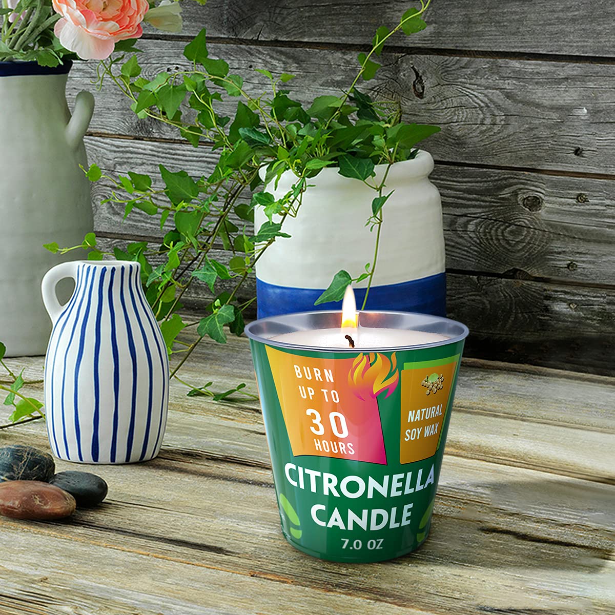 Patio Citronella Candles Outdoor, 4 Packs Natural Soy Wax Fly Off Candles for Summer Porch Home Outside Camping Picnic,120 Hours Burn