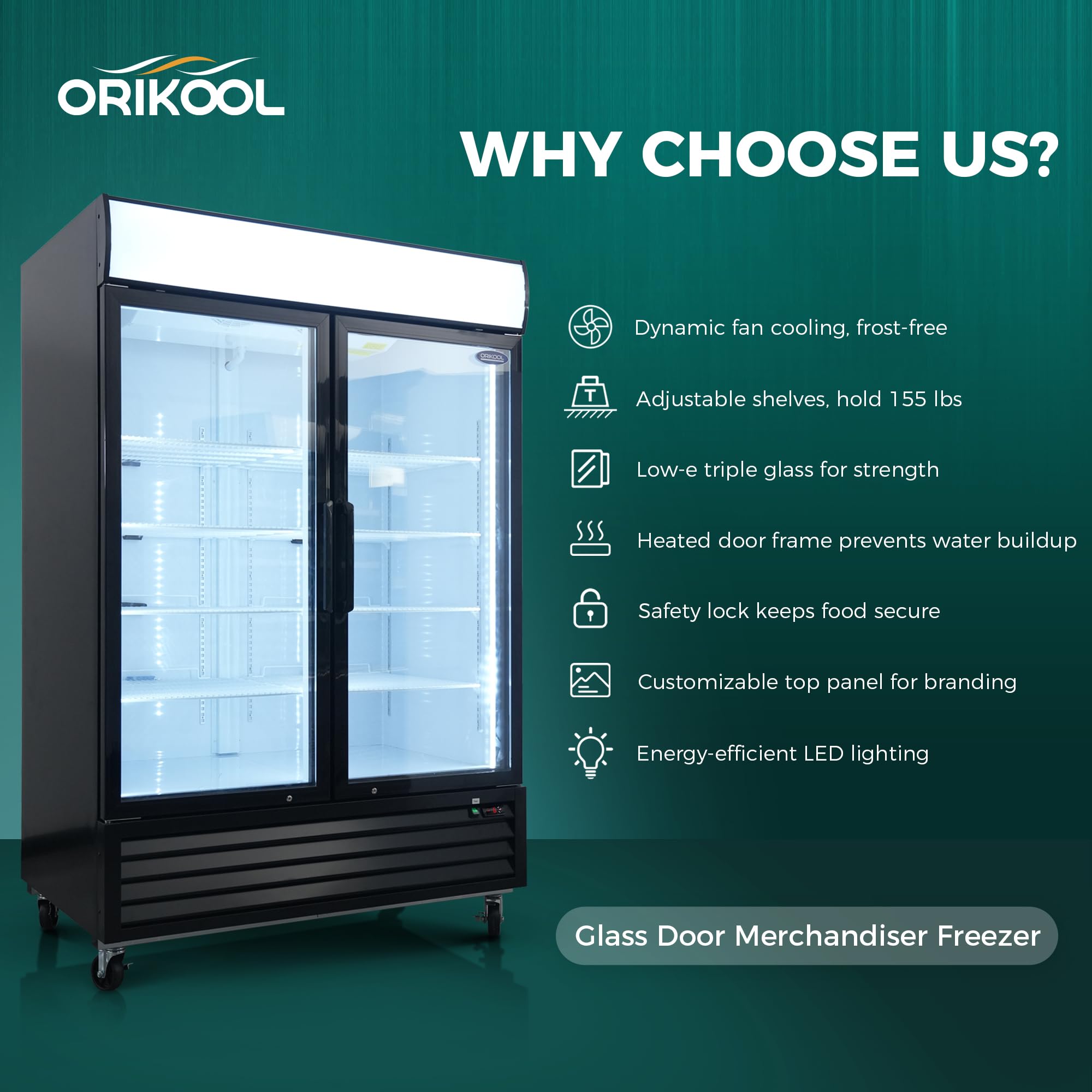 ORIKOOL 81" Commercial Merchandiser Freezer Upright, -8~-1β, 70 Cu.ft, 3 Glass Doors Display Freezer, LED Top Panel, ETL & DOE