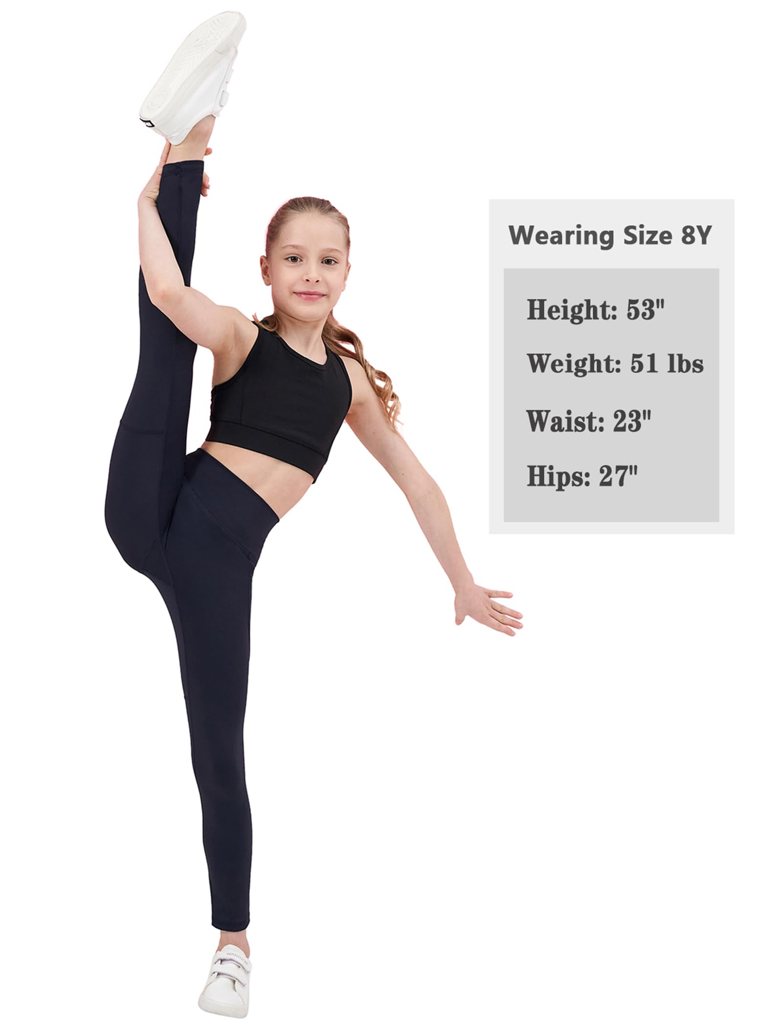EXARUS Youth Girls Leggings Athletic High Waisted with Pockets Dance Active Compression Tights Yoga Navy Blue 12 Years