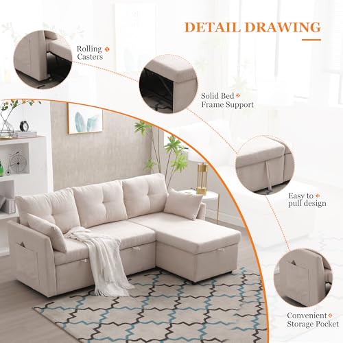 KYLE & KAY Convertible Sleeper Sofa Bed, L-Shaped Sectional Couch with Storage Chaise, Pull-Out Modular Chenille Sofa Bed for Small Apartments,Living Room and Office, Beige