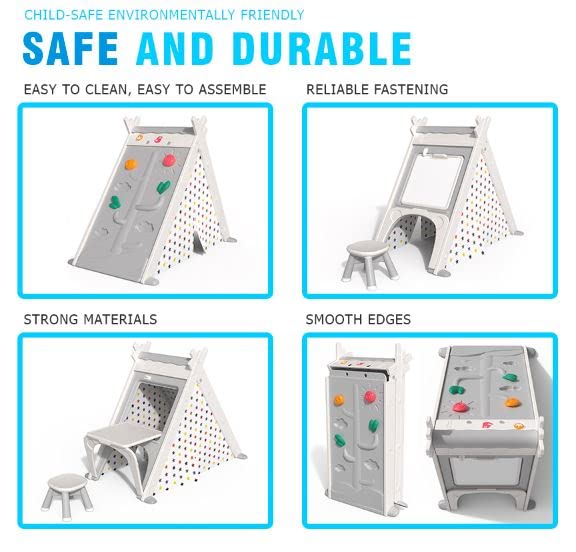 Foldable Kids Play House with Tent,4 in 1 Kids Tent Indoor Playground with Climber- Drawing Board - Tent for kids Indoor-Briks Baseplates Table - Smart Play Table -Indoor Play Tent Triangular