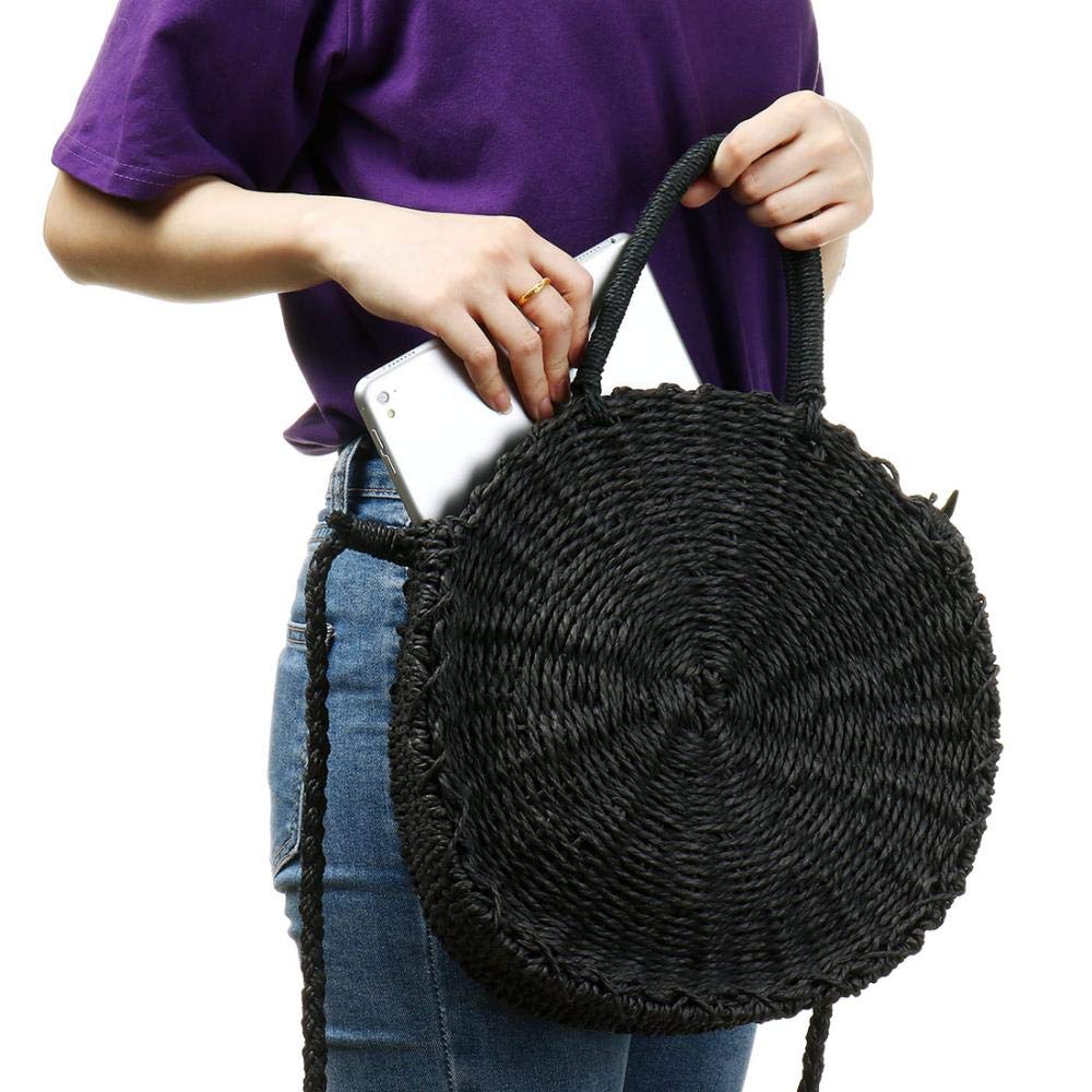 Women Straw Crossbody Bag Weave Shoulder Bags Round Summer Beach Purse Handbags (Black) One Size