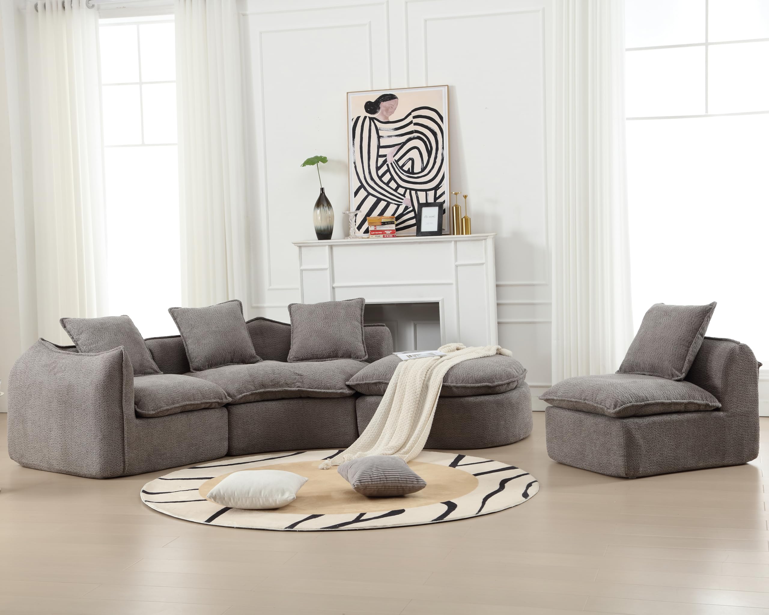 Haplized 137.8ā Curved Boucle Sofa Couch, Modern Sectional Sofa Cloud Deep Seat Couch with 4 Pillows, Comfy Modular 5-Seat Couches for Living Room Apartment (Grey)
