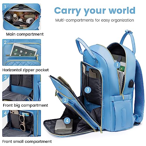 LOVEVOOK Laptop Backpack for Women, 15.6 Inch Computer Backpack for Teacher Nurse with Water Resistant, Lightweight Travel Work Backpack with USB Charging Port, Quilted Commuter Backpack, Angel Blue