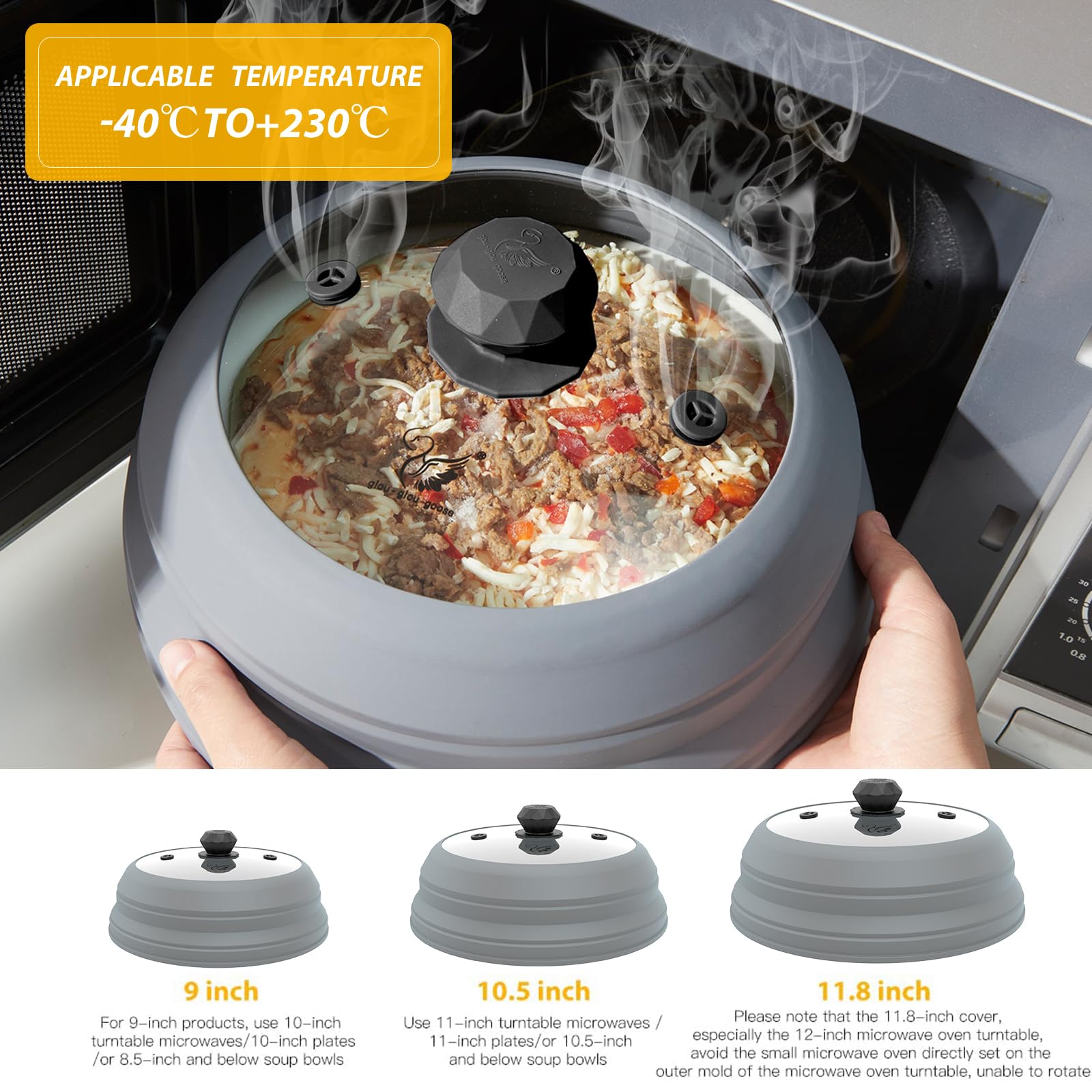 Microwave Splatter Cover Vented Glass Cover Splatter Guard Lid with Collapsible Silicone for Food as Pot Cover Plate Cover 10.5 inch for 6 7 8 9 10 inch Plate Bowl Light Grey