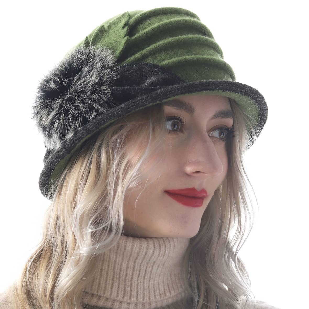 Women's Wool Dress Church Cloche Hat Bucket Winter Floral Hat (Green)