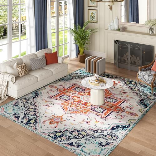 OIGAE Washable Rug 5x7 for Living Room Fluffy Boho Vintage Area Rug for Bedroom Dinning Room Office Non-Shedding Indoor Rug Home Decor,Orange