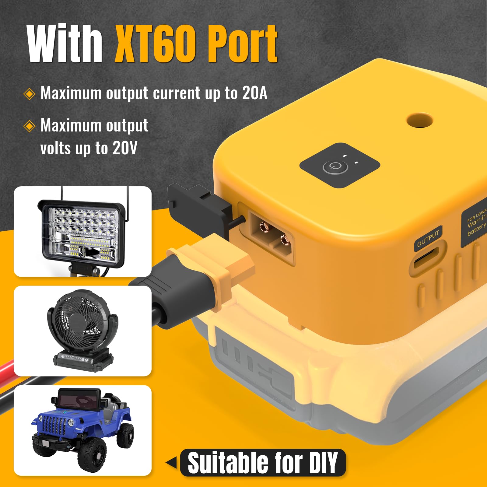 Kzreect Power Wheels Battery Adapter with USB Ports & XT60 Port, Fit for DeWalt 20V Battery, Fast Charging USB Charger Power Adapter for Mobile Devices, DIY Projects, Work Light (Tool Only)