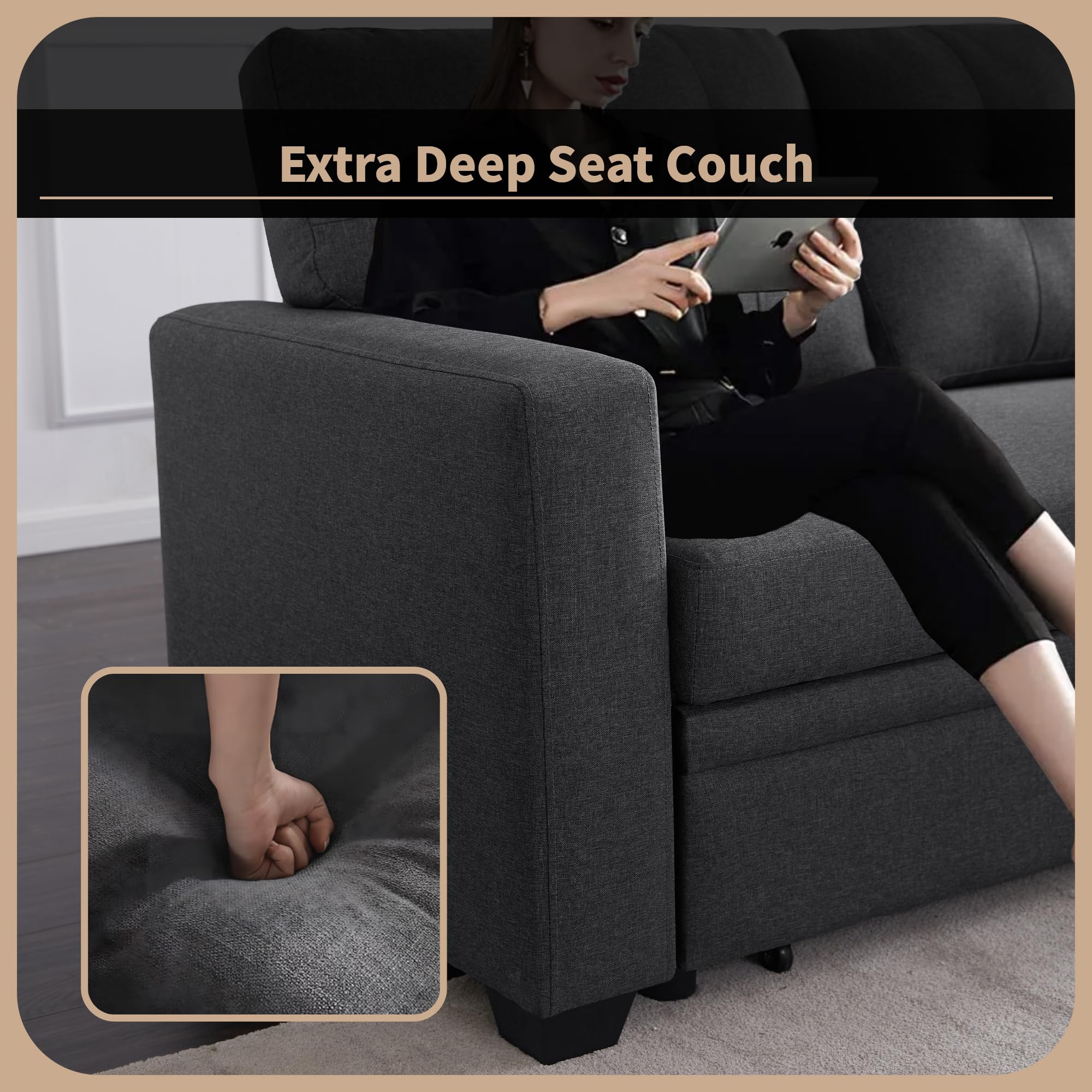 HHOK Pull Out Modular Sleeper Sofa Bed Living Room Furniture Sets, L Shaped Sectional Comfy Couch Upholstered with Reversible Storage Chaise Bench for Apartment, Home - Dark Gray Sofá