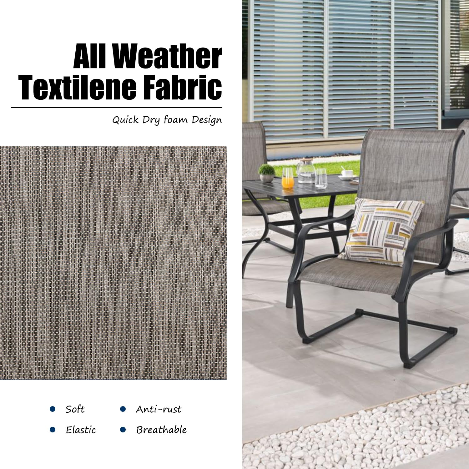 PatioFestival Patio Dining Chairs High Back Patio Chairs C-Spring Motion Chairs,Textilene Fabric & Black Metal Frame,2 Pieces Outdoor Furniture for Yard, Garden, Backyard, Deck, Bistro(Grey)