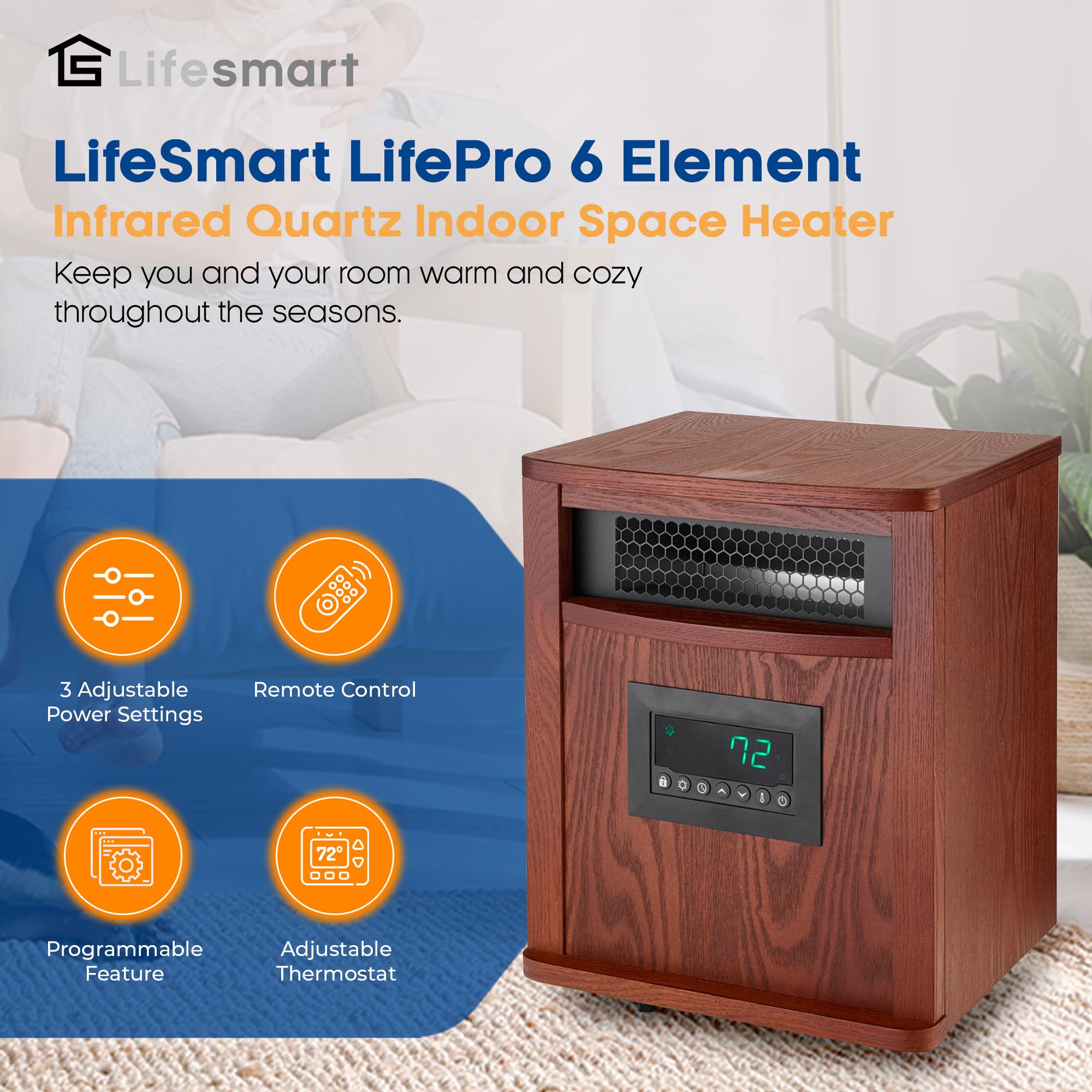LifeSmart LifePro Electric Space Heater, 1500W Portable Infrared Quartz Heater with Remote, Brown