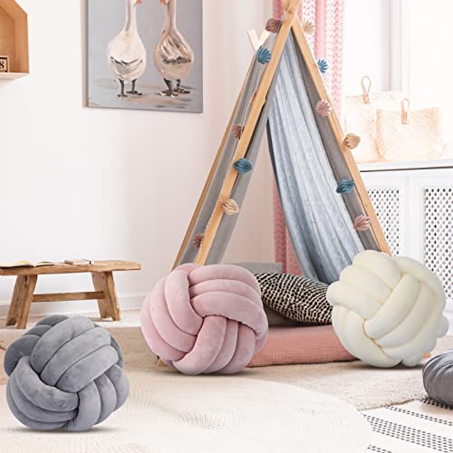 Macarrie 3 Pieces 8.6 Inch Knot Ball Pillow Round Throw Pillow Soft Decorative Plush Cushion Aesthetic Knotted Pillow Home Sofa Floor Bedroom Photography Decor (Milk White, Light Gray, Pink)