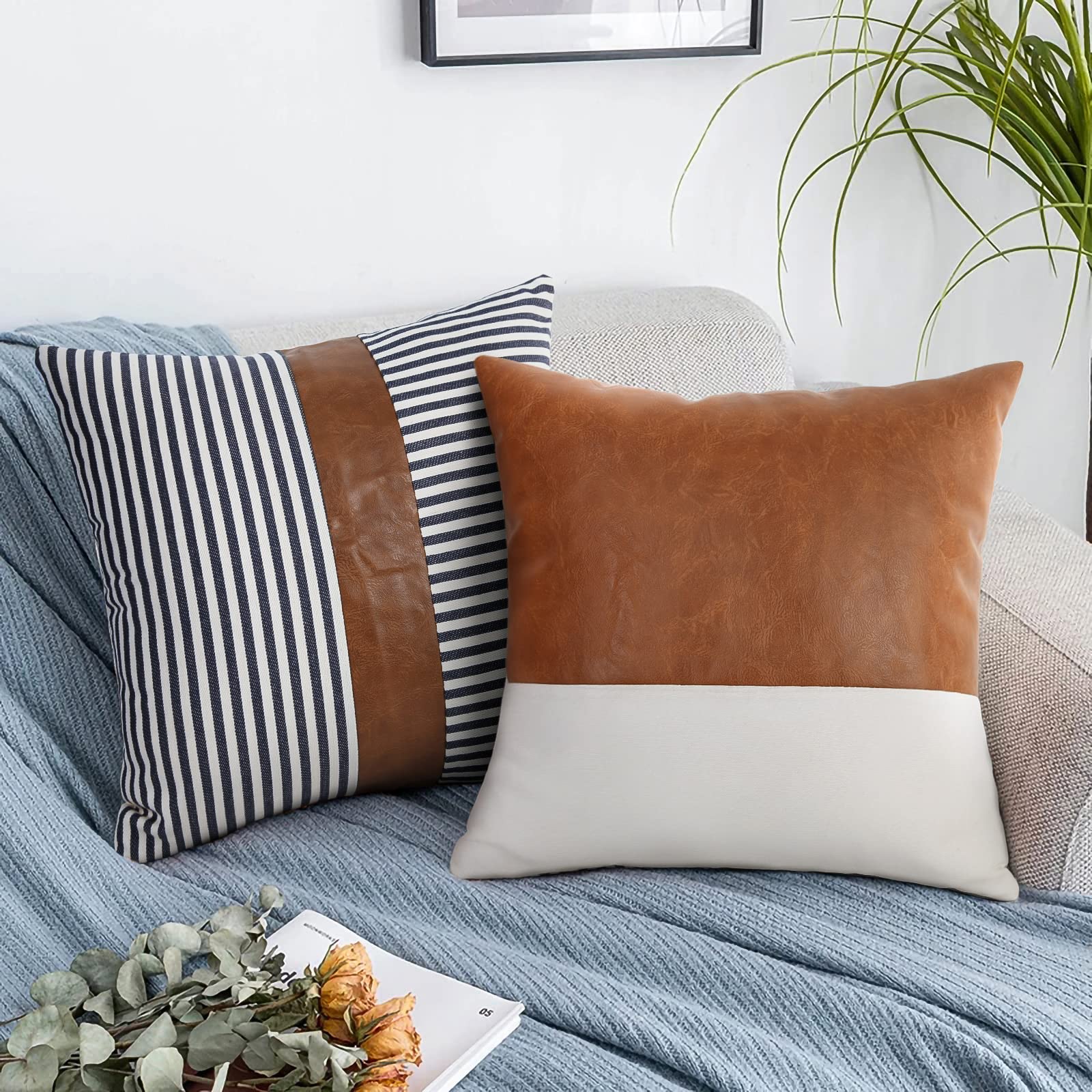 cygnus Decorative Throw Pillow Covers 18x18 Inch Faux Leather Stitching Canvas and Black Stripe Pattern Modern Farmhouse Covers Set of 4